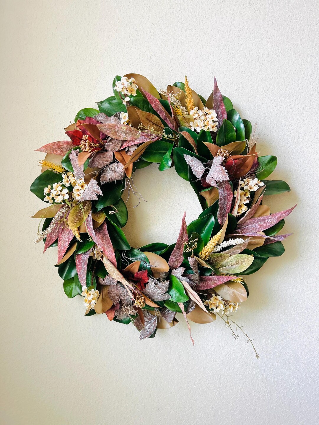 Large Magnolia Fall Wreath for Front Door With Eucalyptus, Red Brown ...