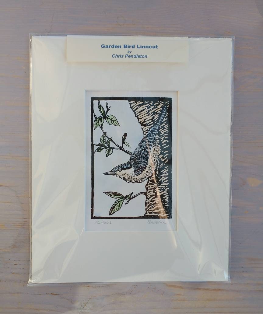 Nuthatch, Linocut Print, Hand Coloured, Garden Bird, bird linocut, bird ...
