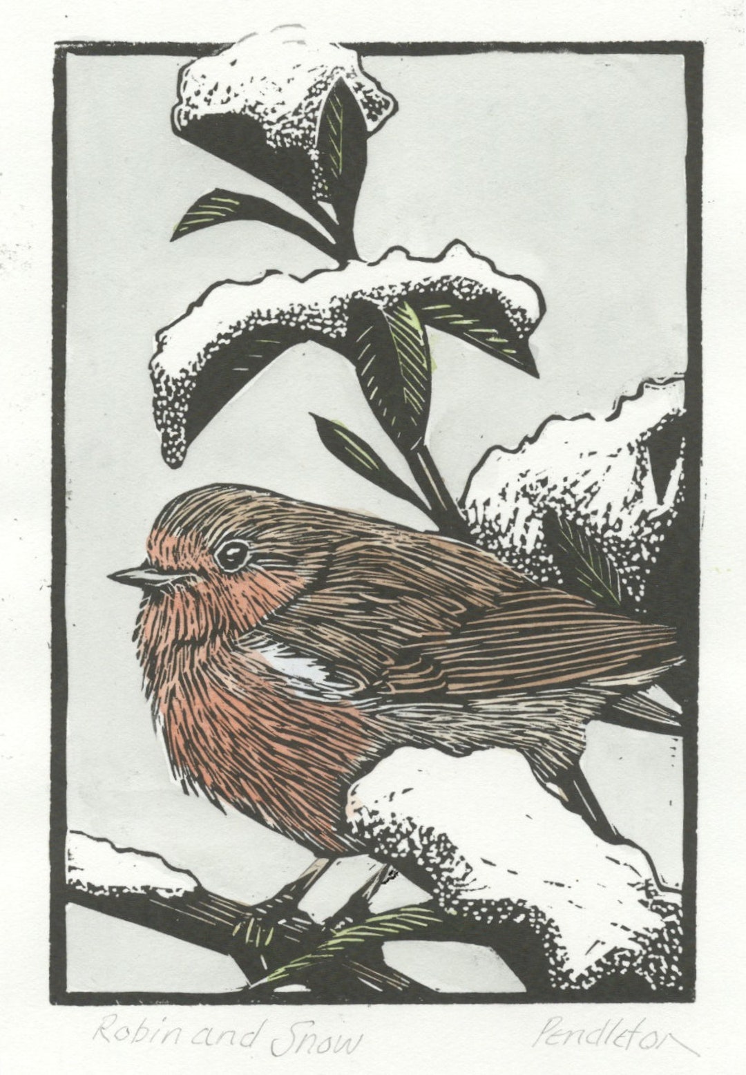 Robin in Snow, Linocut Print, Hand Coloured, Garden Bird, Bird Linocut ...