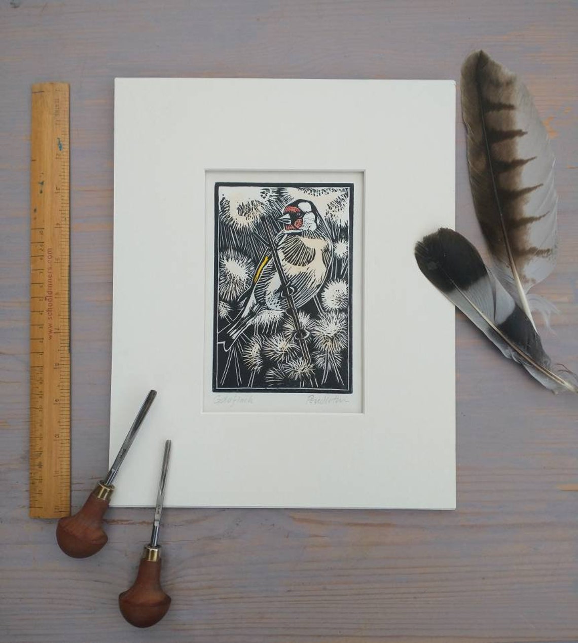 Goldfinch and Thistledown, Linocut Print, Hand Coloured, Garden Bird ...