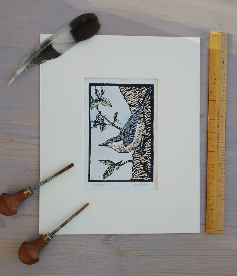 Nuthatch, Linocut Print, Hand Coloured, Garden Bird, bird linocut, bird ...