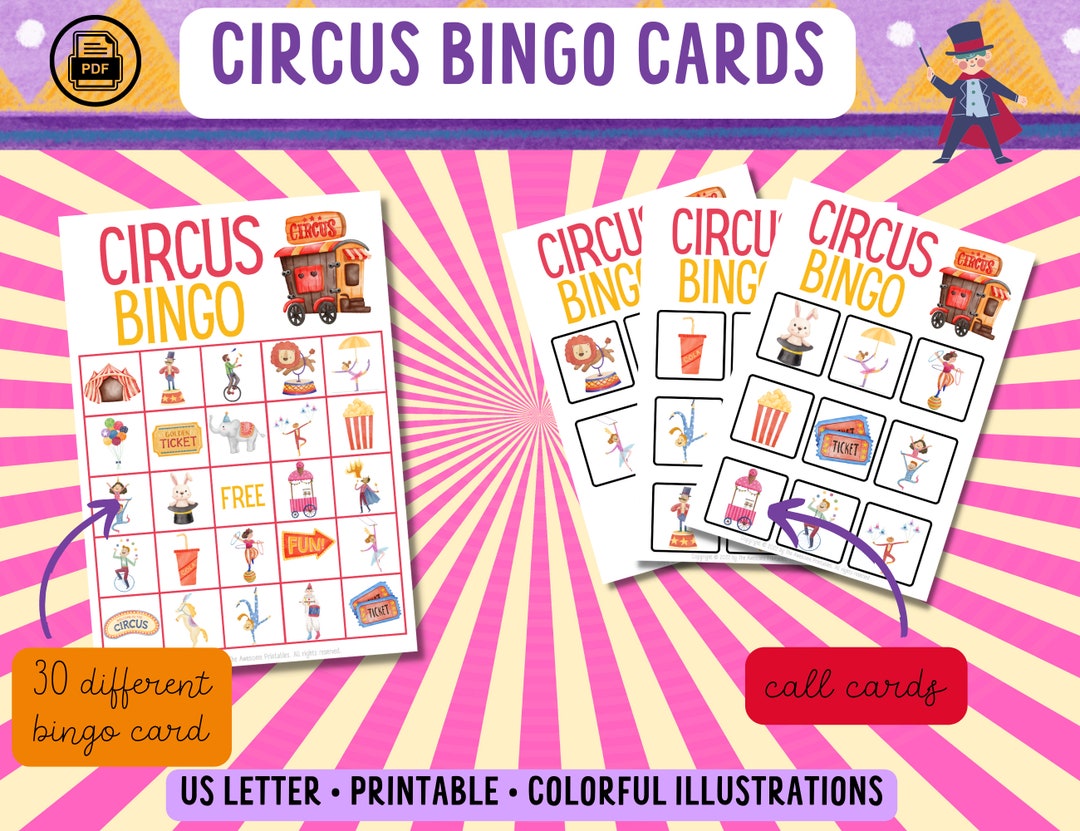 CIRCUS BINGO ACTIVITY, 30 Different Bingo Cards for Each Child, Super ...