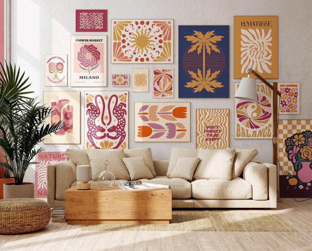 Retro Groovy Wall Art Set of 20, Retro Flowers Gallery, Colorful Wall ...