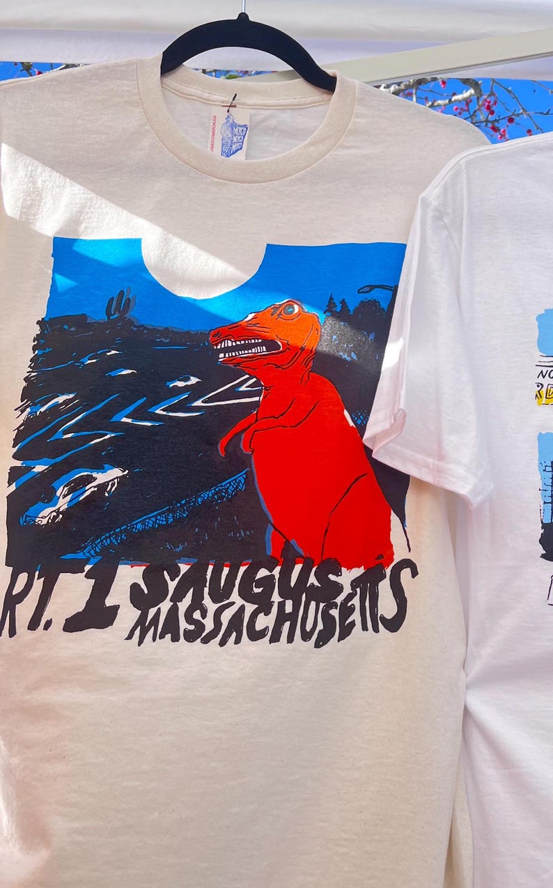 Route 1 Saugus Mass Dinosaur retro inspired organic cotton t shirt ...