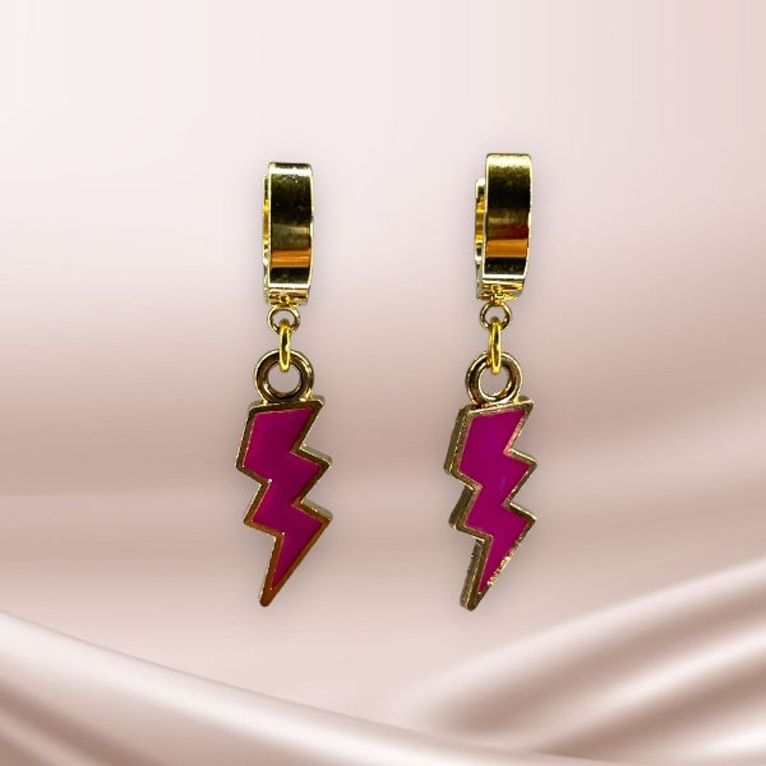 Huggies Hoop Earrings, Bright Pink Lightning Bolt, Gold Plated Hoops ...