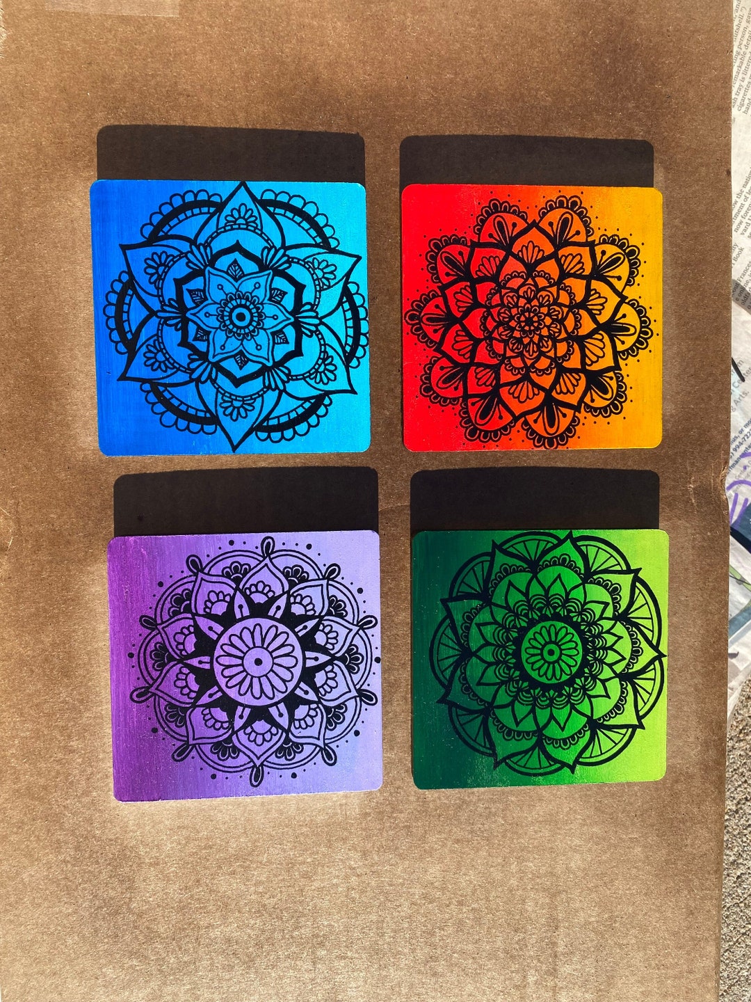 Wooden Rainbow Mandala Coaster Set 4 Pieces - Etsy