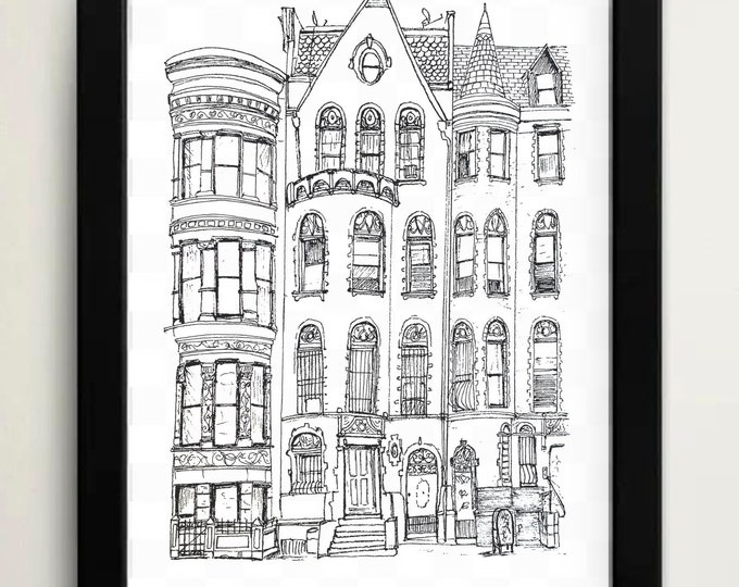 Art Print - Handdrawn Brownstone Building - New York City - Pen Drawing ...