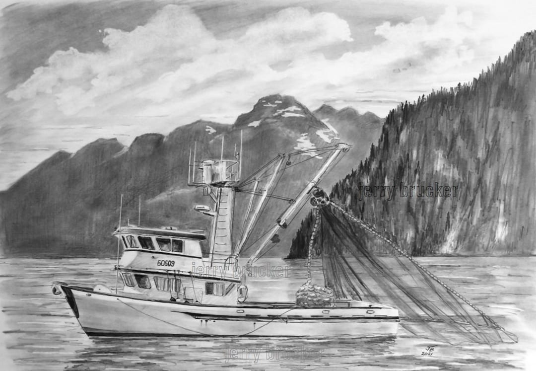 Alaska Seiner Drawing Art Graphite by Hand Drawn PNW Mountains Homer AK ...