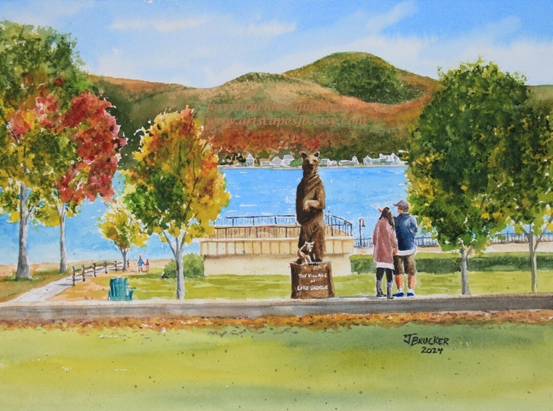 Lake George Shepard Park Fall Painting by Hand Print Autumn Watercolor ...