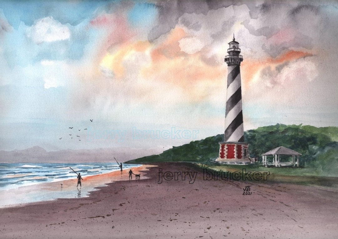 Cape Hatteras Lighthouse Painting OBX Outer Banks Surf Fishing Seascape ...