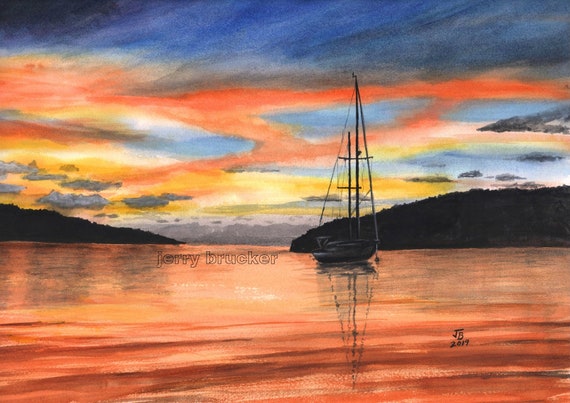 Sailboat Sunset Watercolor Painting Giclée Art Print of My | Etsy