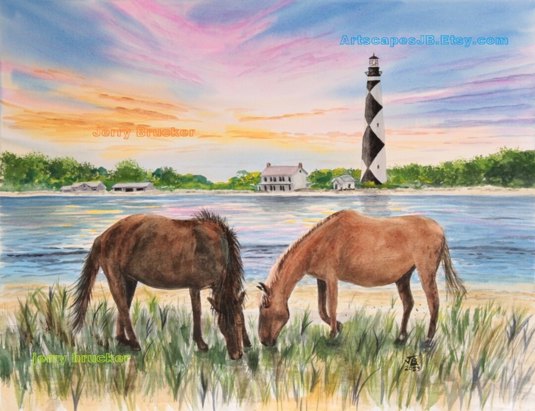 Wild Horses Shackleford Banks Cape Lookout Lighthouse Painting OBX Fine ...
