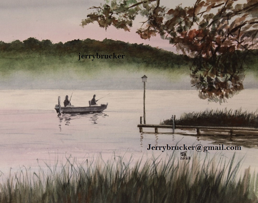 Lake Fishing Painting Wood Boat and Dock Print of My Hand Made ...