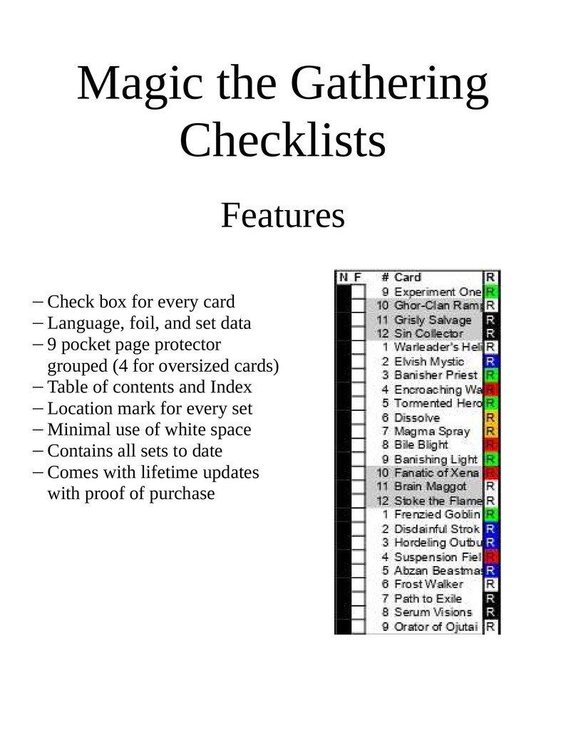 Printable Full Colored Magic the Gathering Unofficial Set Checklists ...