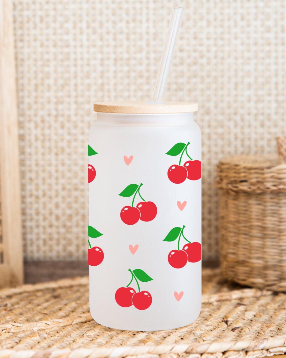 Cherry Iced Coffee Cup Spring Beer Can Fruit Glass Cup With Bamboo Lid ...