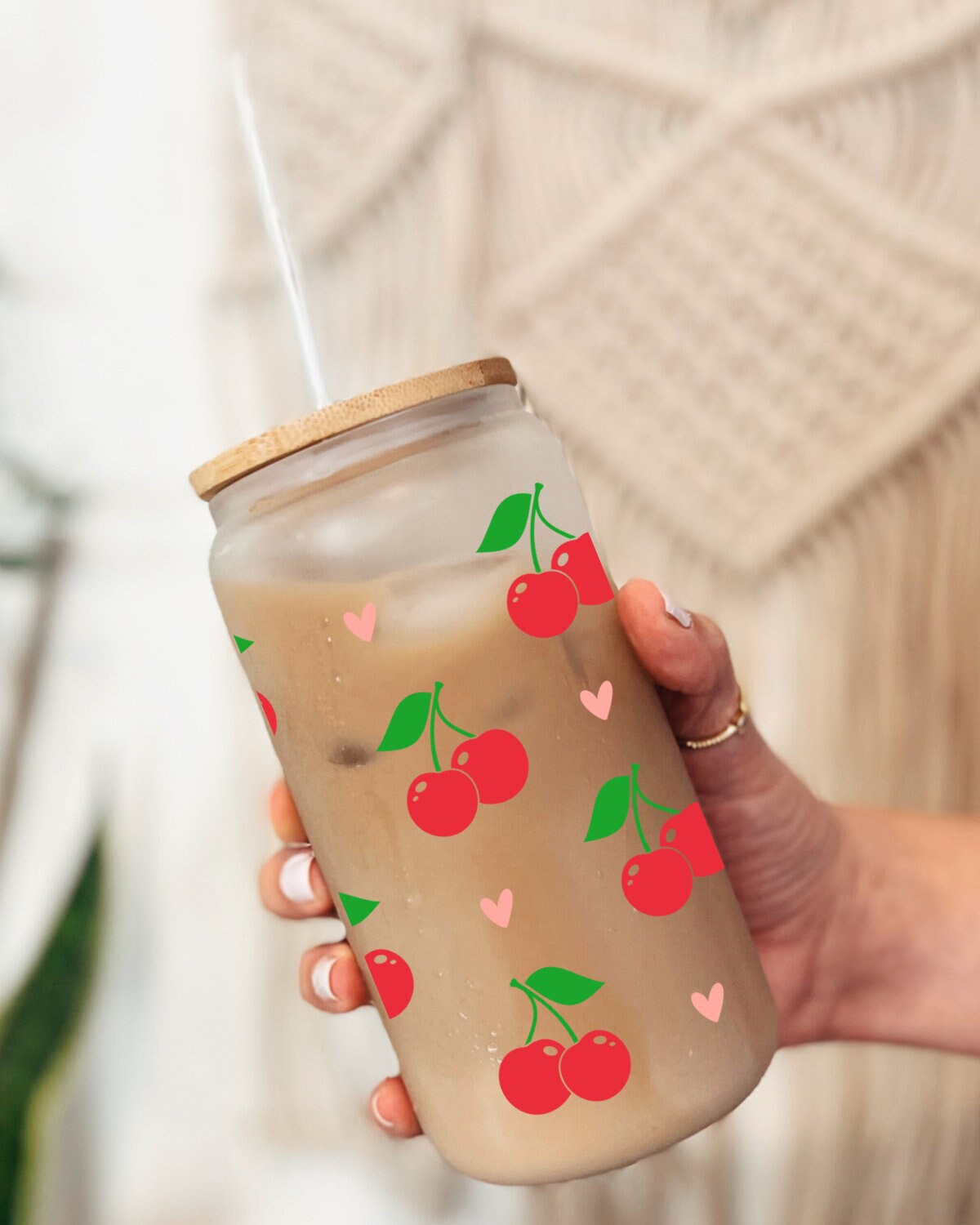 Cherry Iced Coffee Cup Spring Beer Can Fruit Glass Cup With Bamboo Lid ...