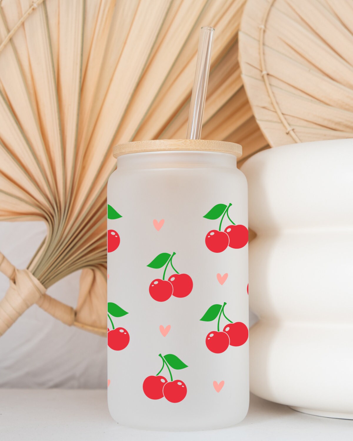 Cherry Iced Coffee Cup Spring Beer Can Fruit Glass Cup With Bamboo Lid ...