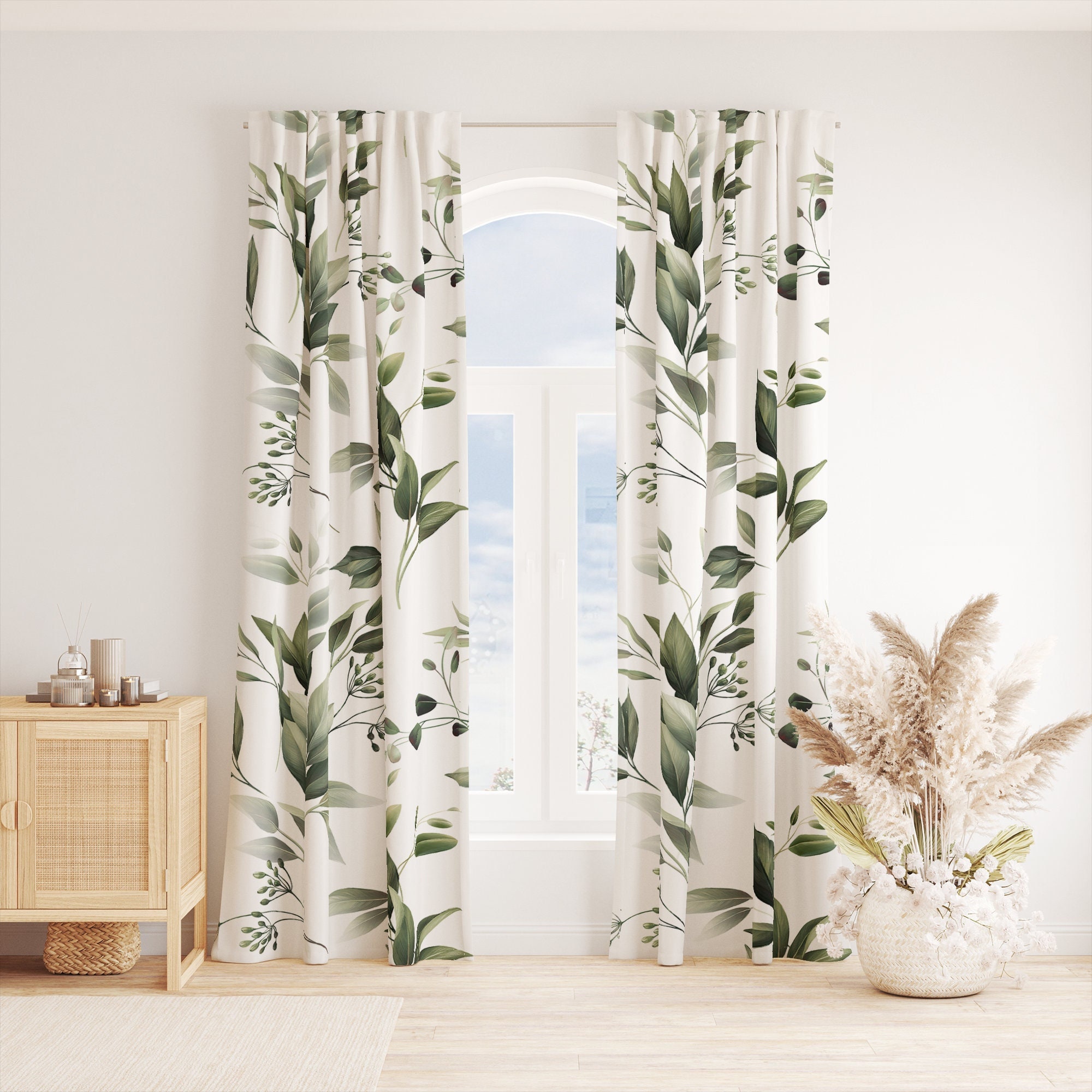 Green Twigs, White Curtains, Botanical Curtains, Curtains for Living ...