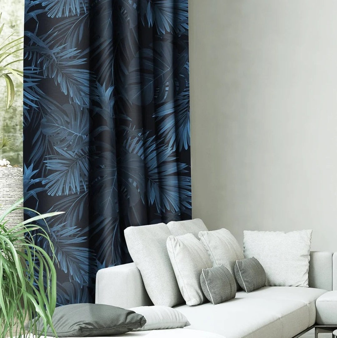 Dark Blue Leaves Curtain C263 | Geometric Curtain, Decorative Curtains ...