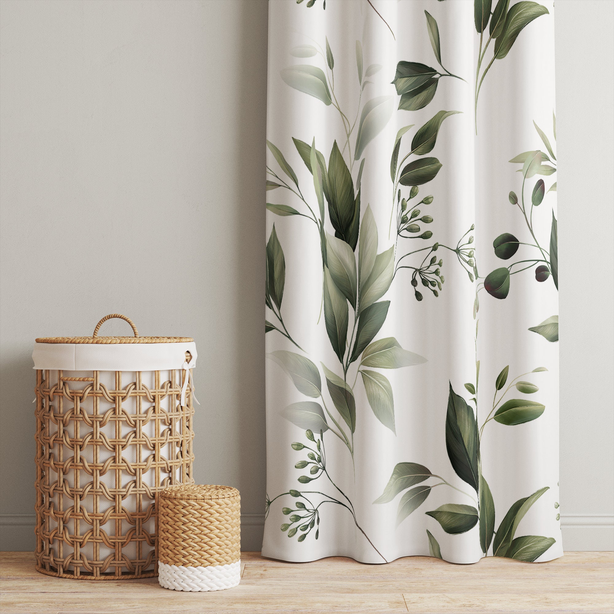 Green Twigs, White Curtains, Botanical Curtains, Curtains for Living ...