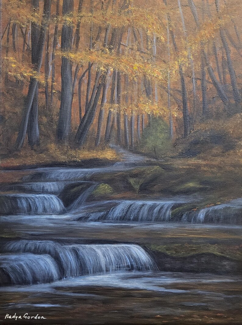 Original Acrylic Painting of a Fall Landscape With Cascading Waterfalls ...