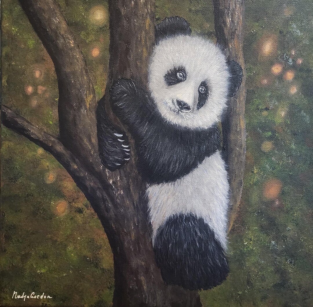 Original Acrylic Painting of Panda Bear Climbing a Tree - 12x12 Inches ...