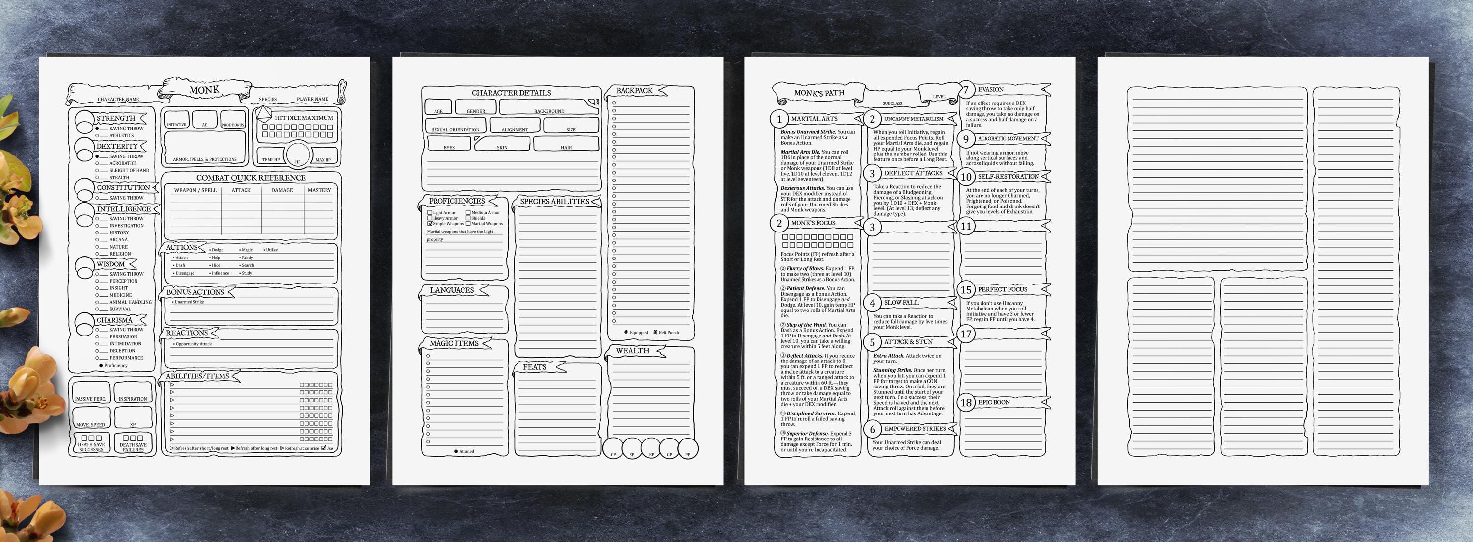 Monk Character Sheet - D&D 2024 - Etsy