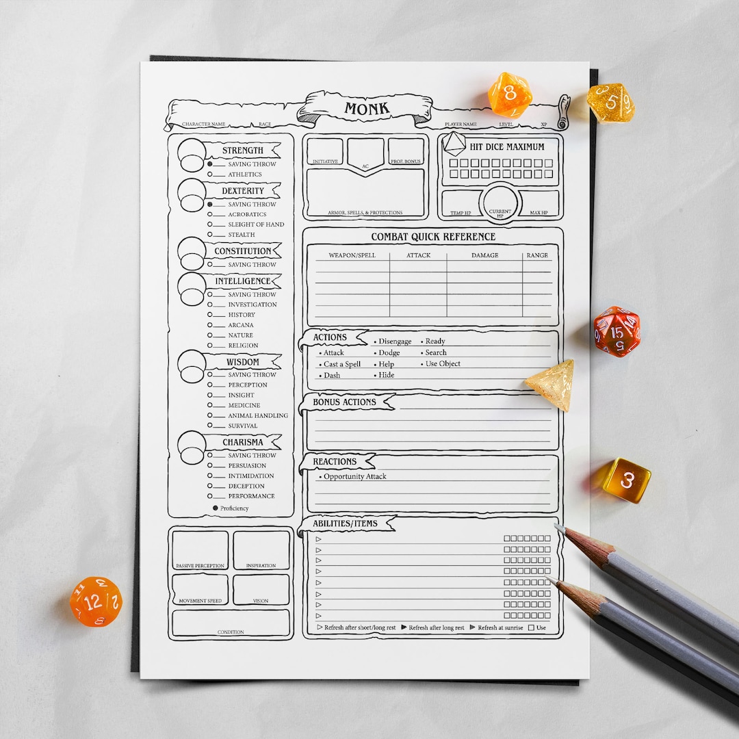 Monk Character Sheet - D&D 5e - Etsy