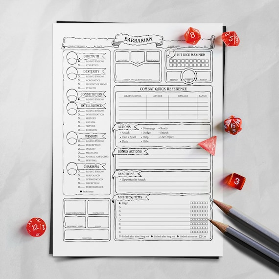 Barbarian Character Sheet D&D 5e | Etsy Ireland