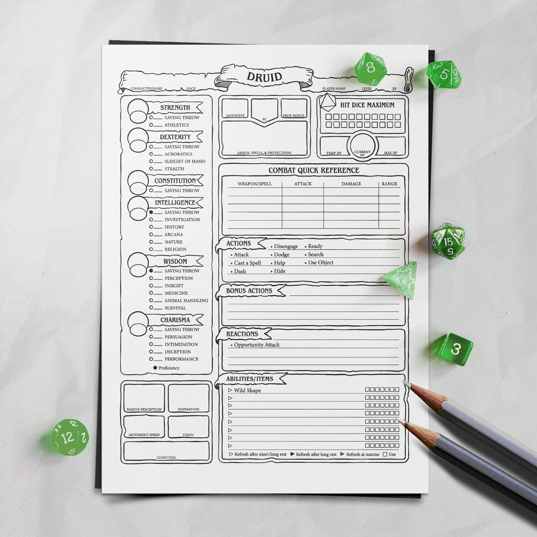 Druid Character Sheet - D&D 5e - Etsy