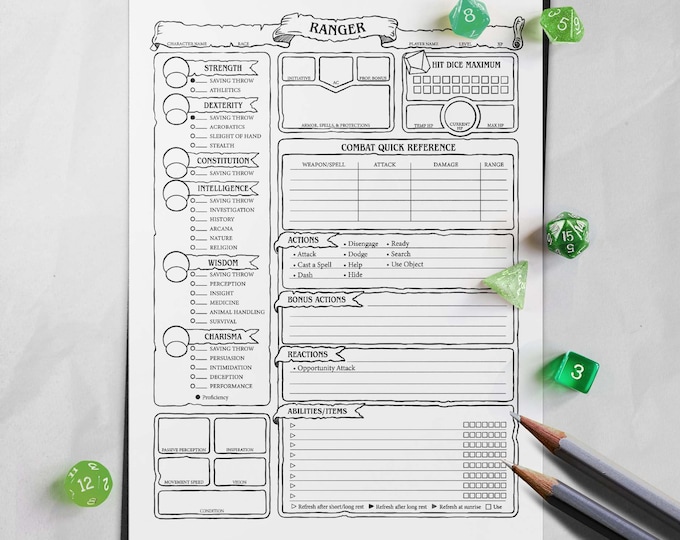 Dnd 5e Ranger Character Sheet / Printable Fillable PDF / Dungeon and ...