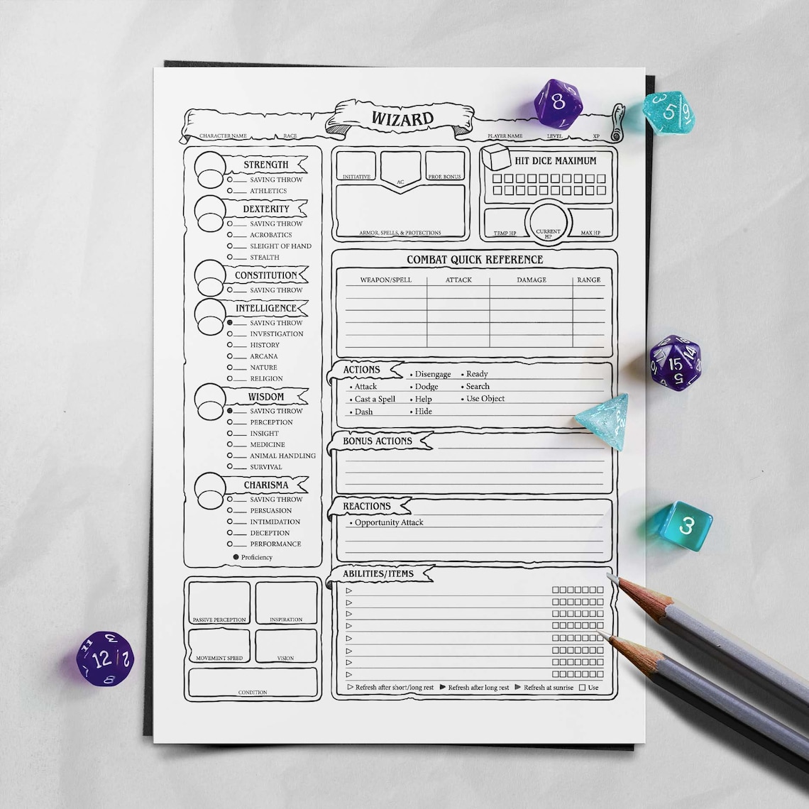 Wizard Character Sheet D&D 5e - Etsy