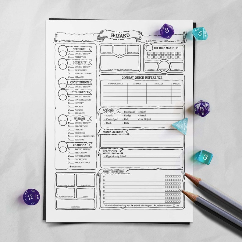 Wizard Character Sheet - D&D 5e - Etsy