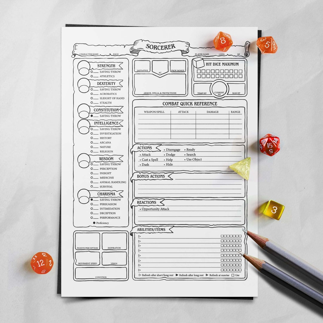Sorcerer Character Sheet - D&D 5e - Etsy