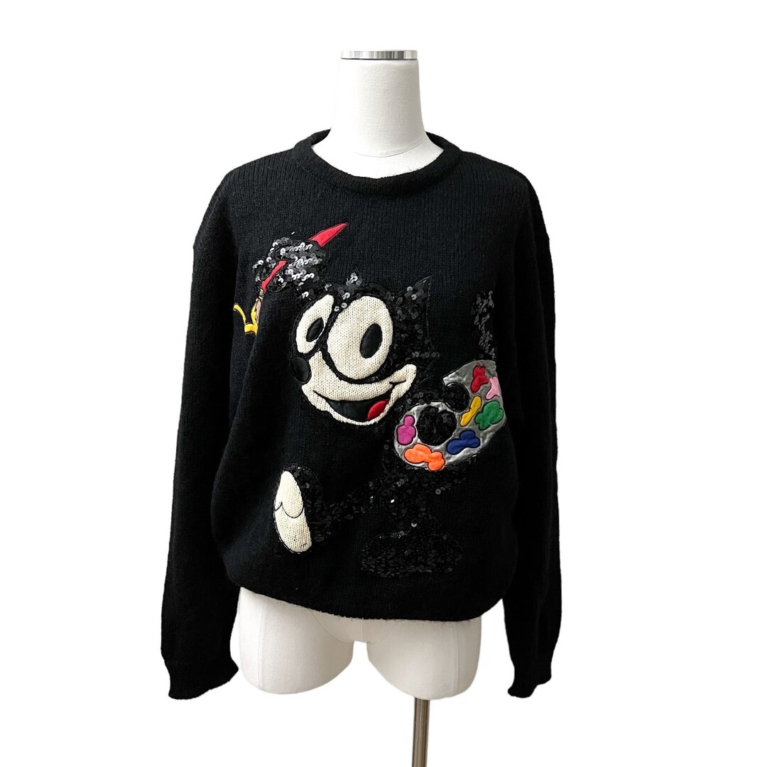 Vintage 80s Black Felix the Cat Embroidered Sequin Wool Mohair ...