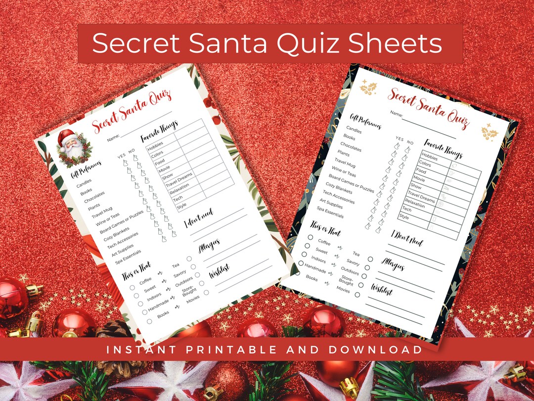 Secret Santa Quiz Sheet, Secret Santa Christmas Gift, Printable Secret ...