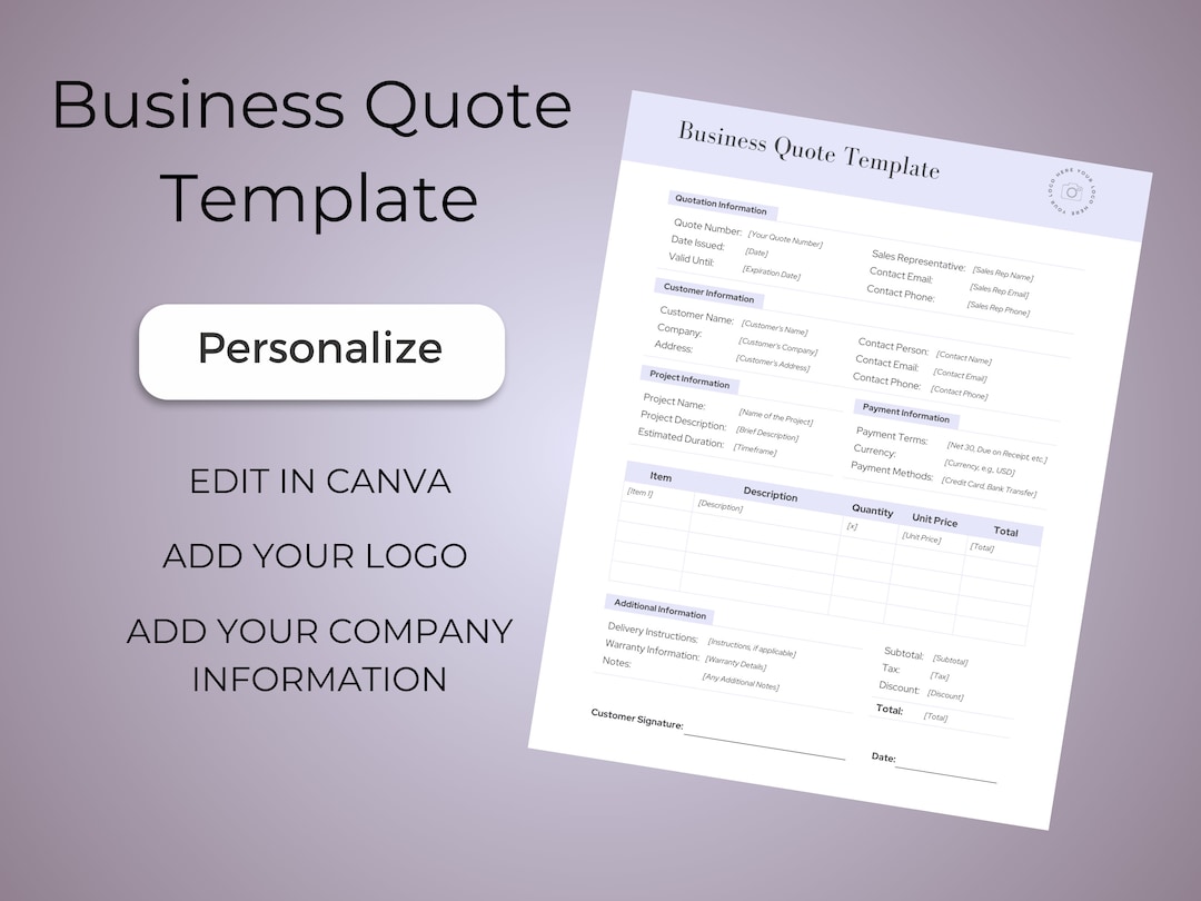 Professional Business Quote Template, Canva EDITABLE Quote Form, Small ...