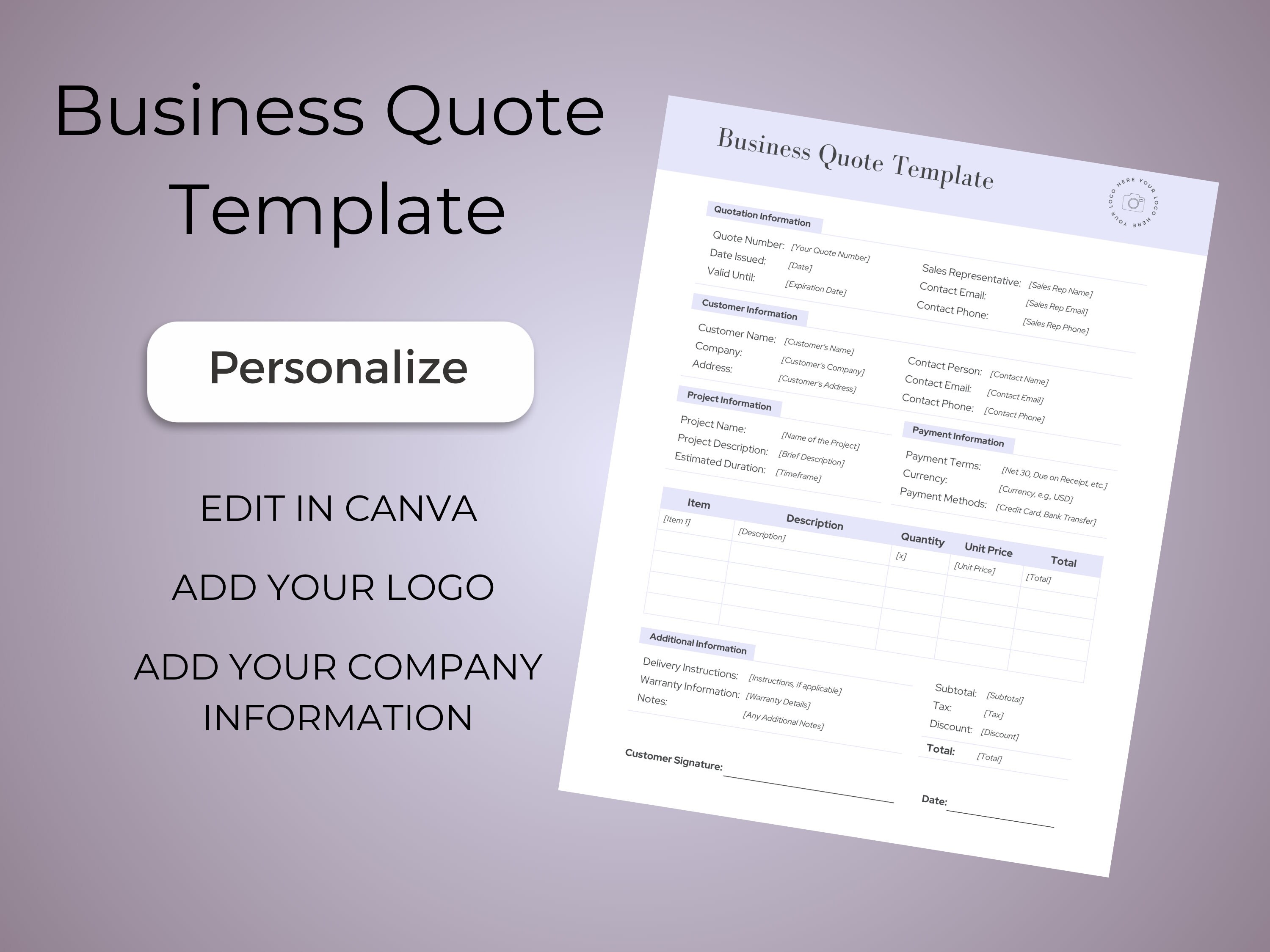 Professional Business Quote Template, Canva EDITABLE Quote Form, Small ...