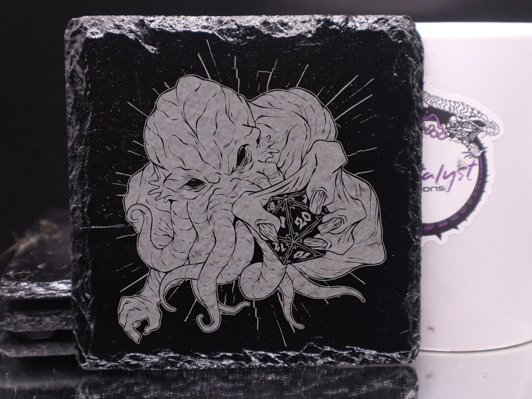 Engraved Dnd Dice Art Cthulhu Dragon Party Flowers Slate Coaster 4 Pack ...