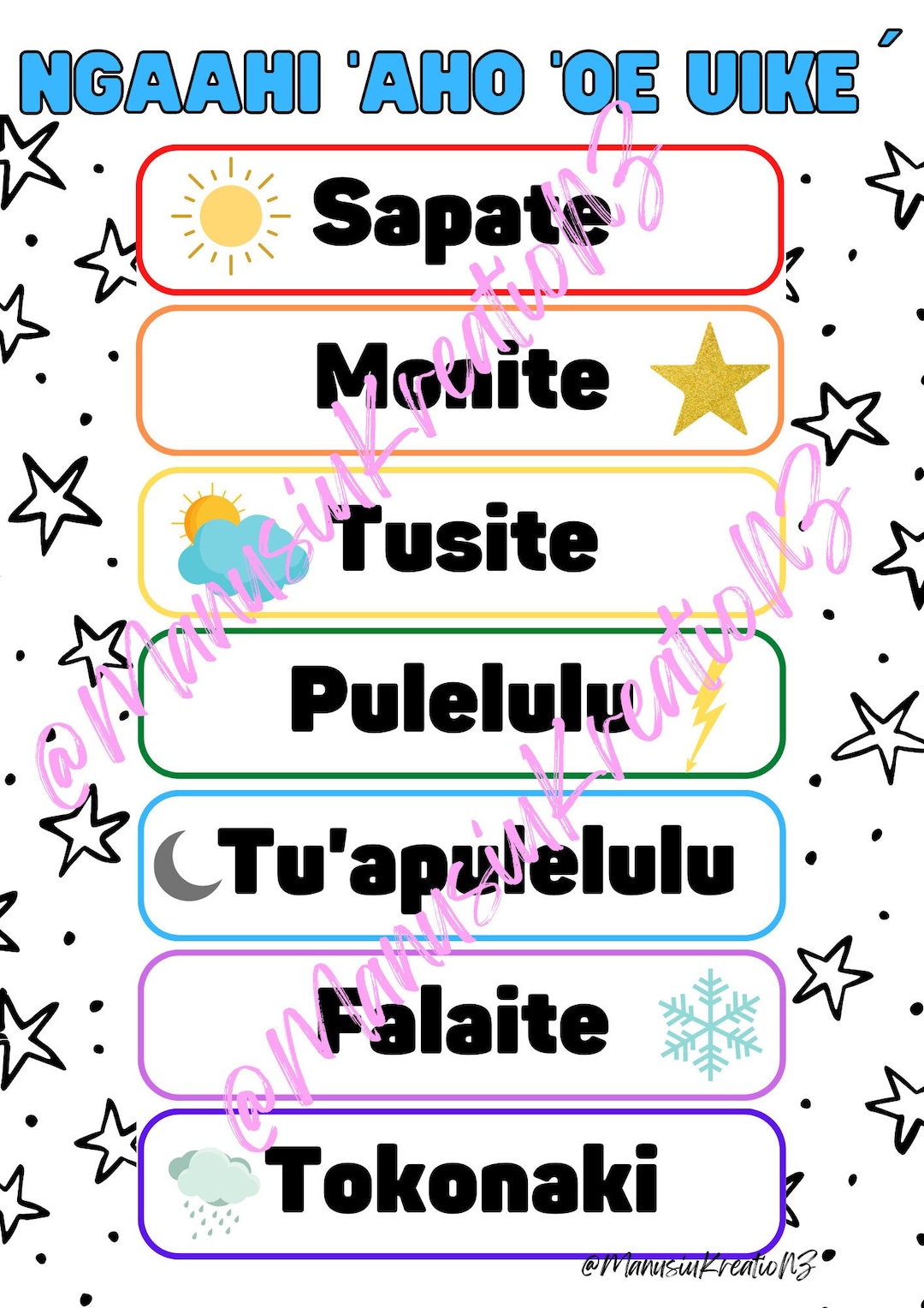 Days of the Week in TONGAN / Ngaahi 'aho 'oe Uike - Etsy