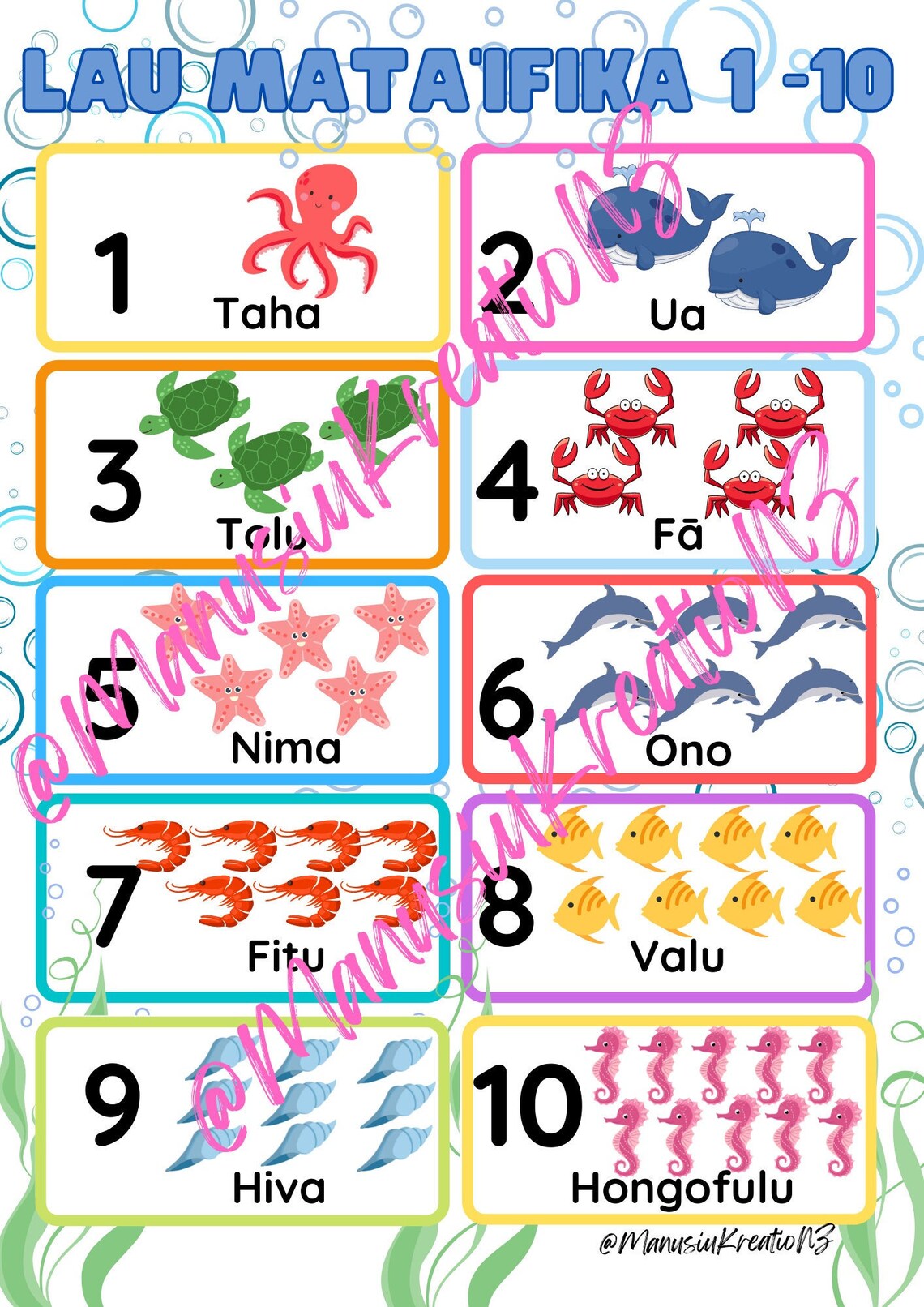 Counting Numbers in Tongan Poster / Lau Mata'ifika Faka-tonga 1-10 Sea ...