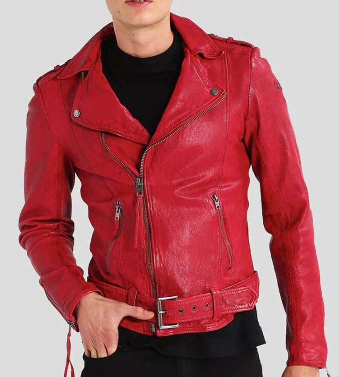 Mens Red Biker Style Leather Jacket Cafe Racer Lambskin - Etsy