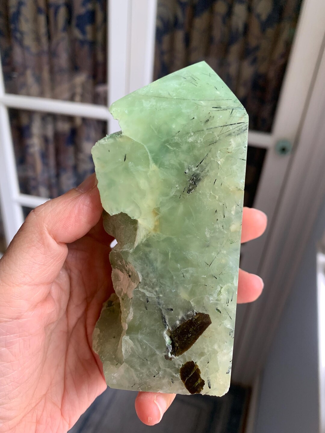 Half Raw Half Polished Prehnite Crystal Tower With Lots of Black ...