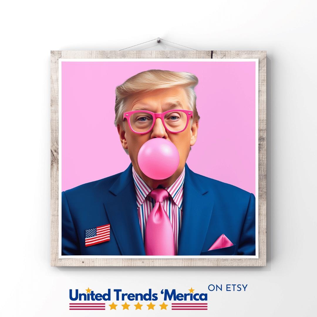 Preppy Trump Blowing Bubble Gum Png, Retro Wall Art, Funny Trump Pink ...
