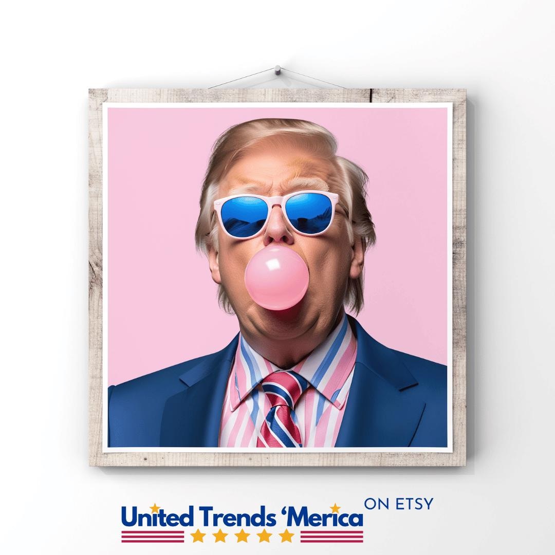 Preppy Trump Blowing Bubble Gum Png, Retro Wall Art, Funny Trump Pink ...