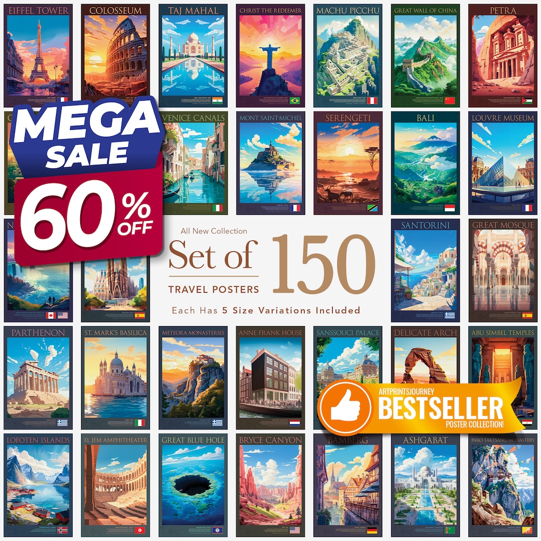 150 Travel Poster Pack | Travel Wall Art | Vintage Poster | Educational ...