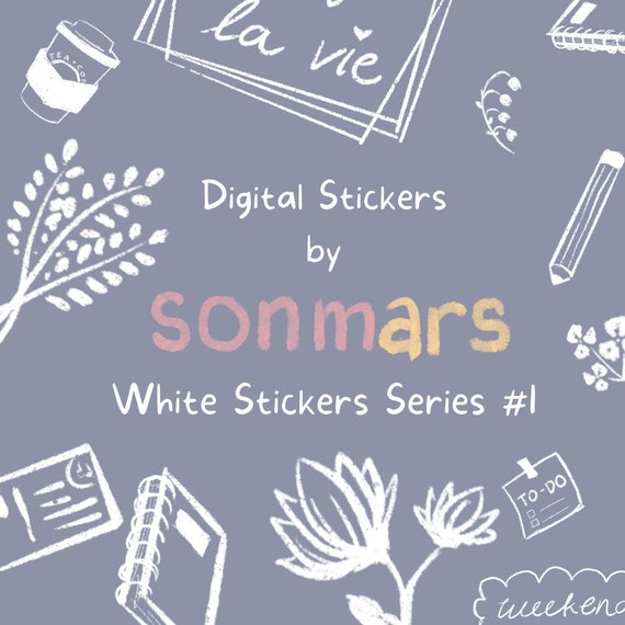 Cute Minimalist Hand Drawn White Digital Stickers Dark Mode | Etsy