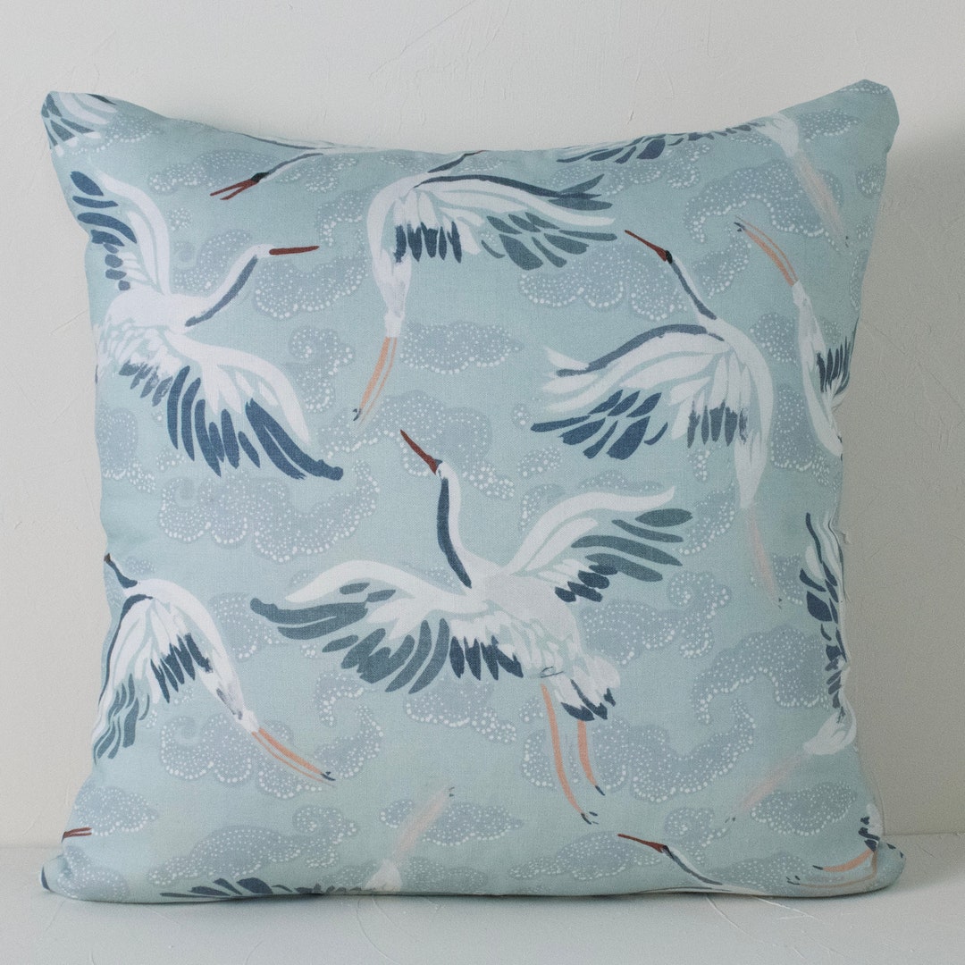 Blue W/ White Crane Throw Pillow Cover, Upcycled - Etsy