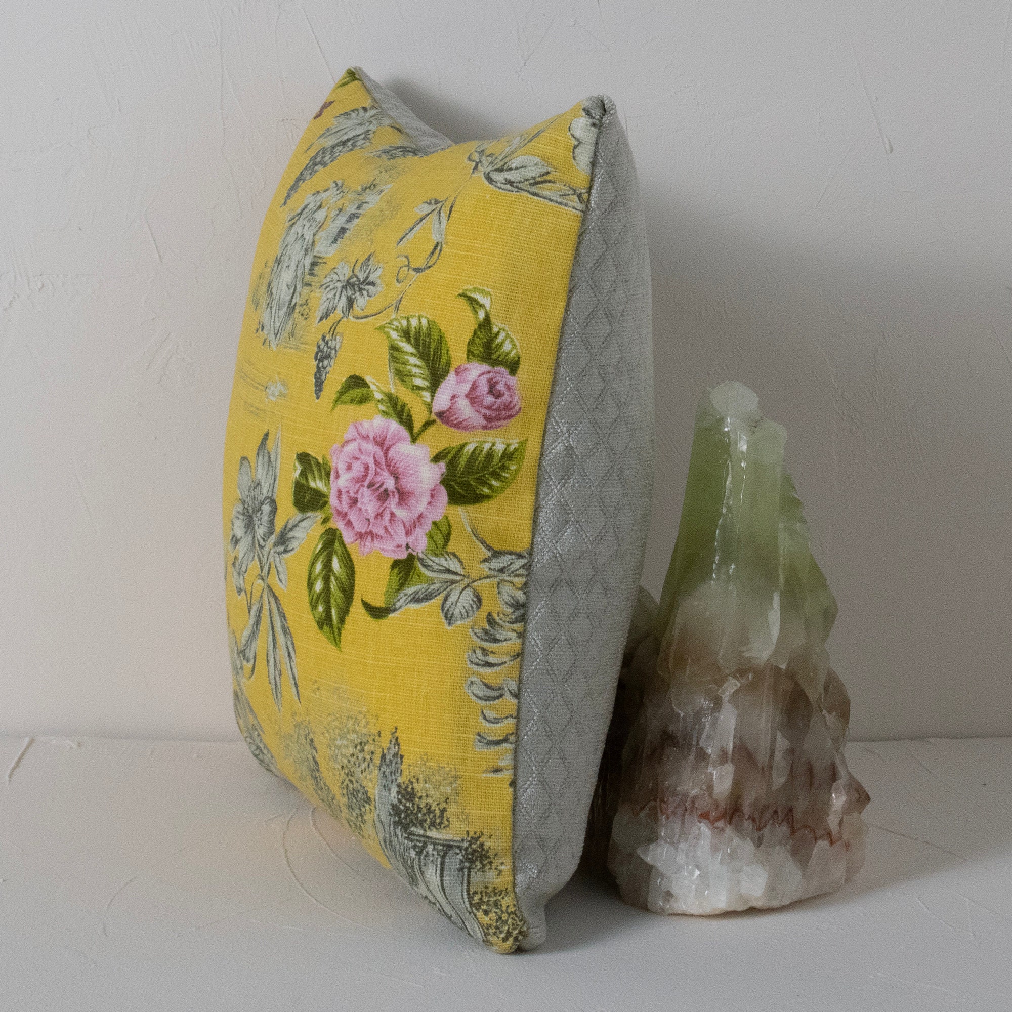 Yellow Toile & Grey Quilted Reversible Throw Pillow Cover, Upcycled ...