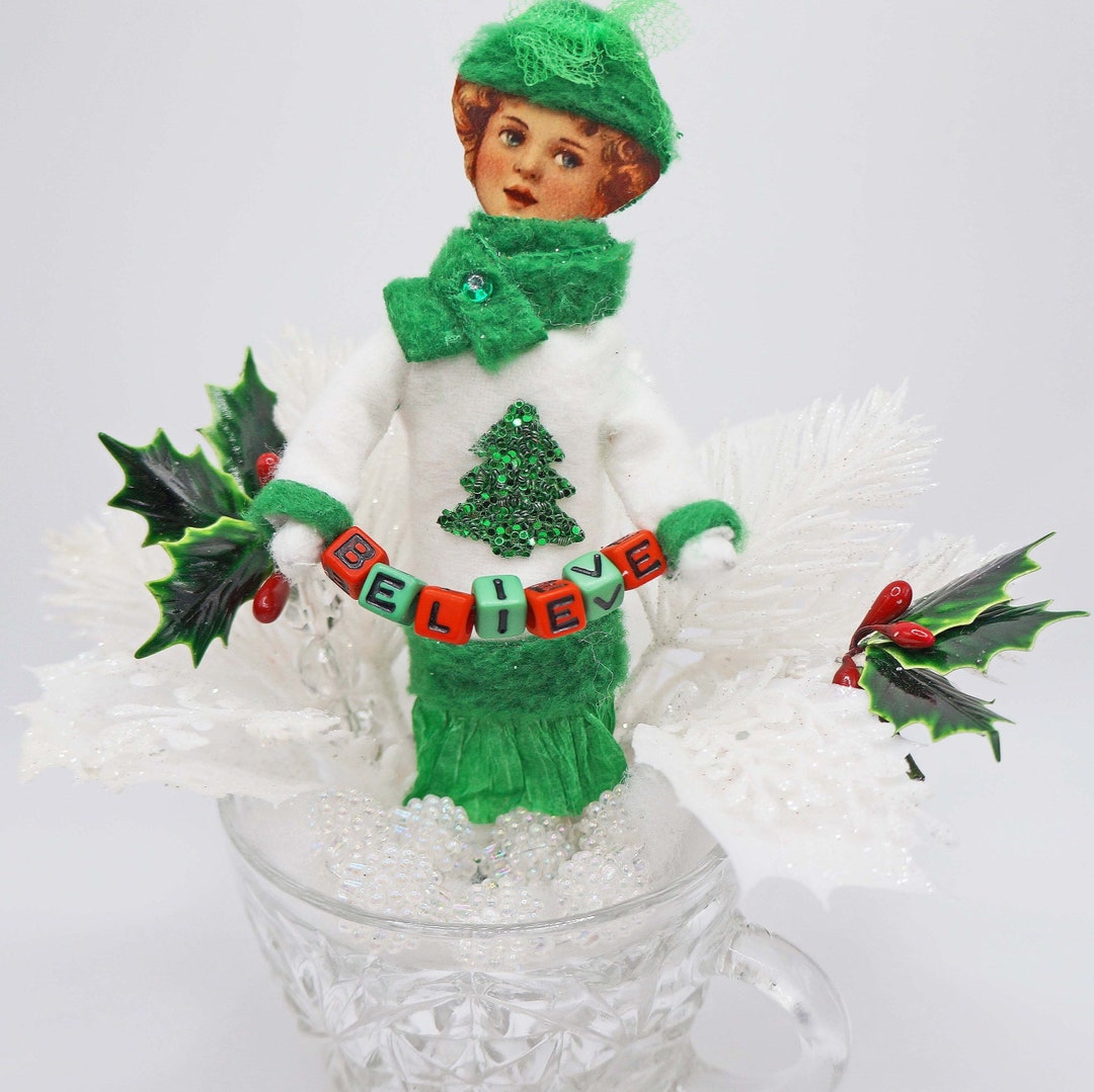 Vintage Inspired Spun Cotton Christmas Girl Doll In A Vintage Crystal Cup Etsy